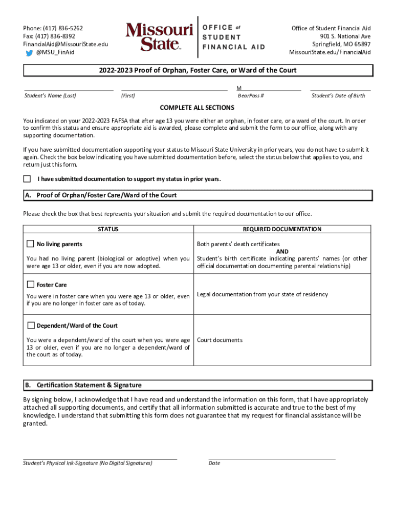 Fillable Online 2223 Proof of Orphan Ward of the Court.doc Fax Email ...