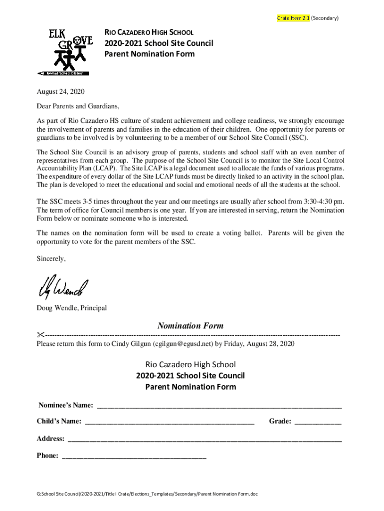 Fillable Online 2020-2021 School Site Council Parent Nomination Form ...