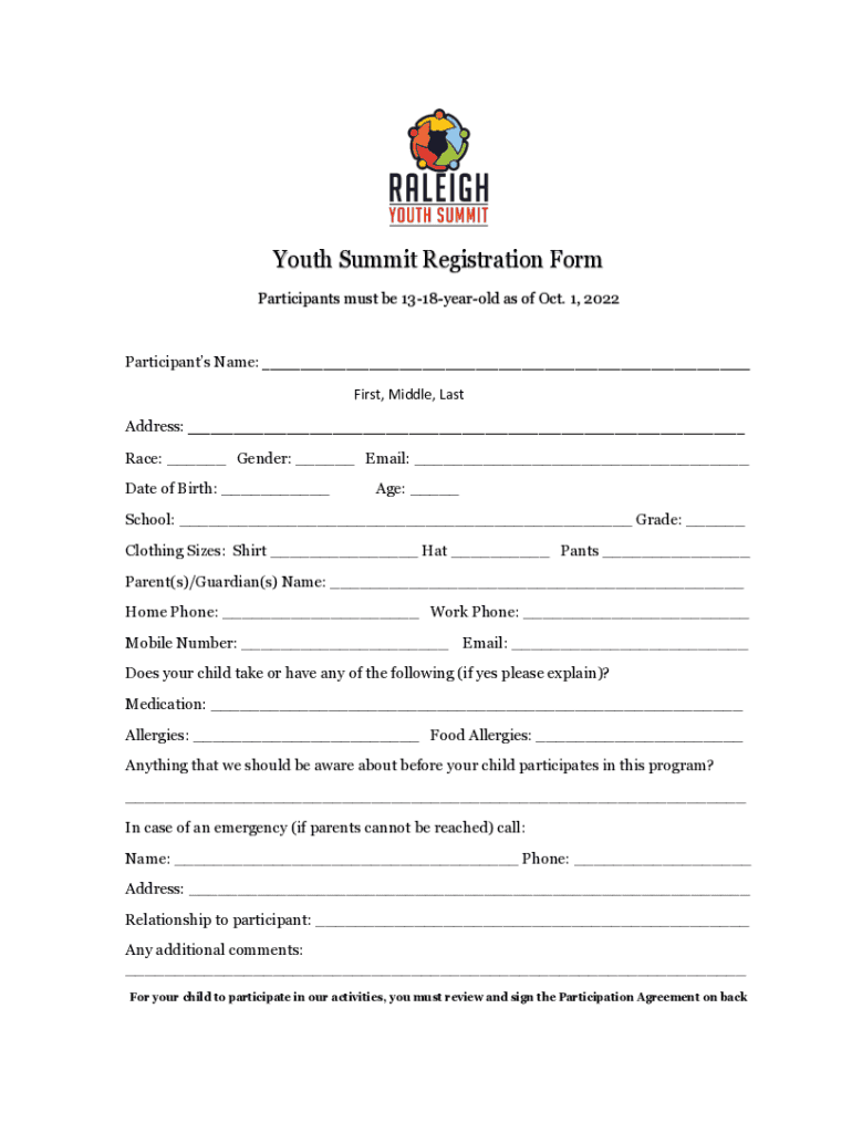 Fillable Online Youth Summit Registration Form 2022 - wcpss.net Fax ...