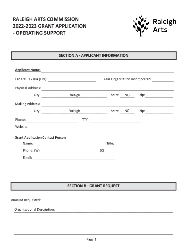 Fillable Online 2022-2023 Operating Support Application Form - City of Raleigh Arts Commission ...