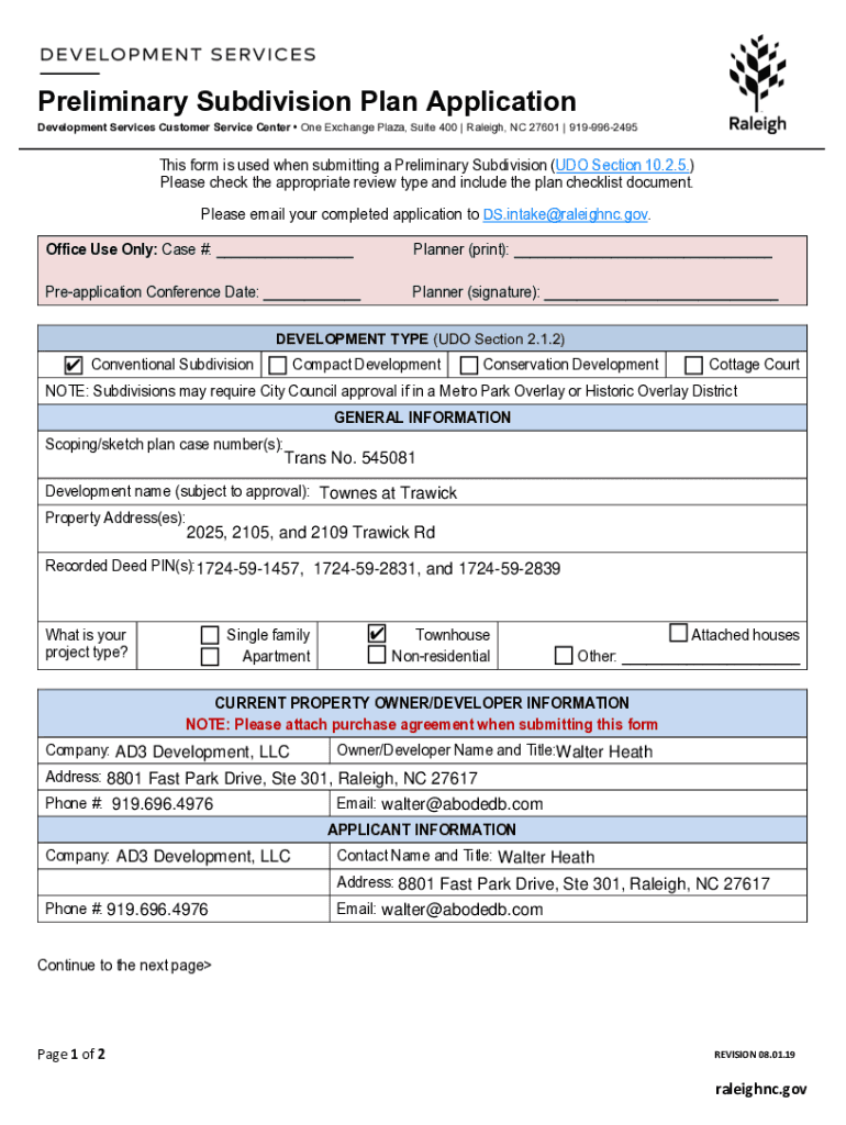 Fillable Online This form is used when submitting a Preliminary Subdivision (UDO Section 10 Fax ...
