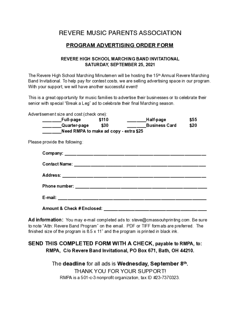 Fillable Online REVERE MUSIC PARENTS ASSOCIATION PROGRAM ADVERTISING ...