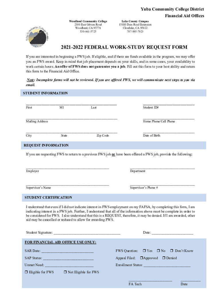 Fillable Online wcc yccd 2021-2022 FEDERAL WORK-STUDY REQUEST FORM Fax ...