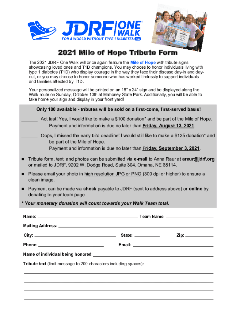 Fillable Online 2021 Mile of Hope Tribute Form JDRF Fax Email Print ...