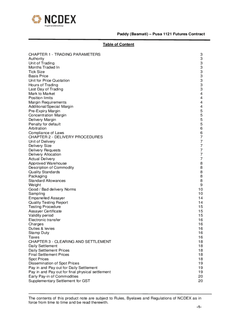 Fillable Online Paddy (Basmati) Pusa 1121 Futures Contract Table of Content - NCDEX Fax Email ...