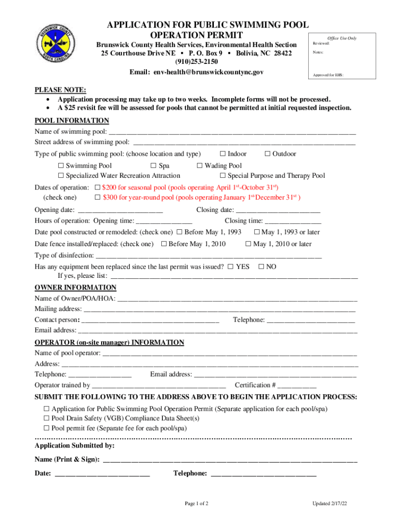 Fillable Online APPLICATION FOR PUBLIC SWIMMING POOL OPERATION PERMIT ...