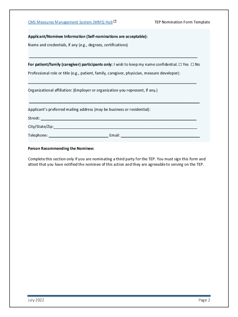 Fillable Online Technical Expert Panel Nomination Form Template ...