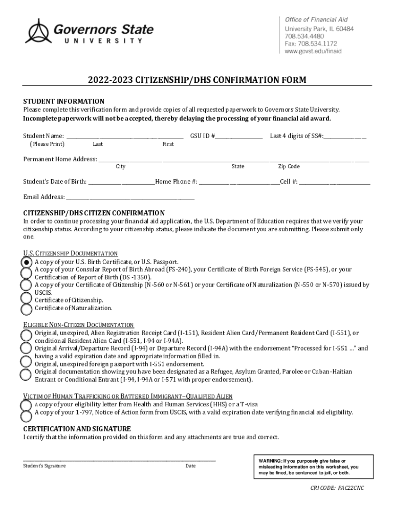 Fillable Online 2022-2023 CITIZENSHIP/DHS CONFIRMATION FORM - Governors State University Fax ...