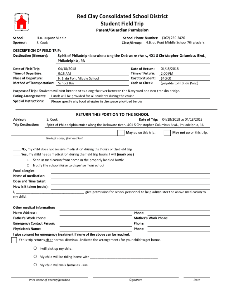 Fillable Online Red Clay Consolidated School District Student Field ...