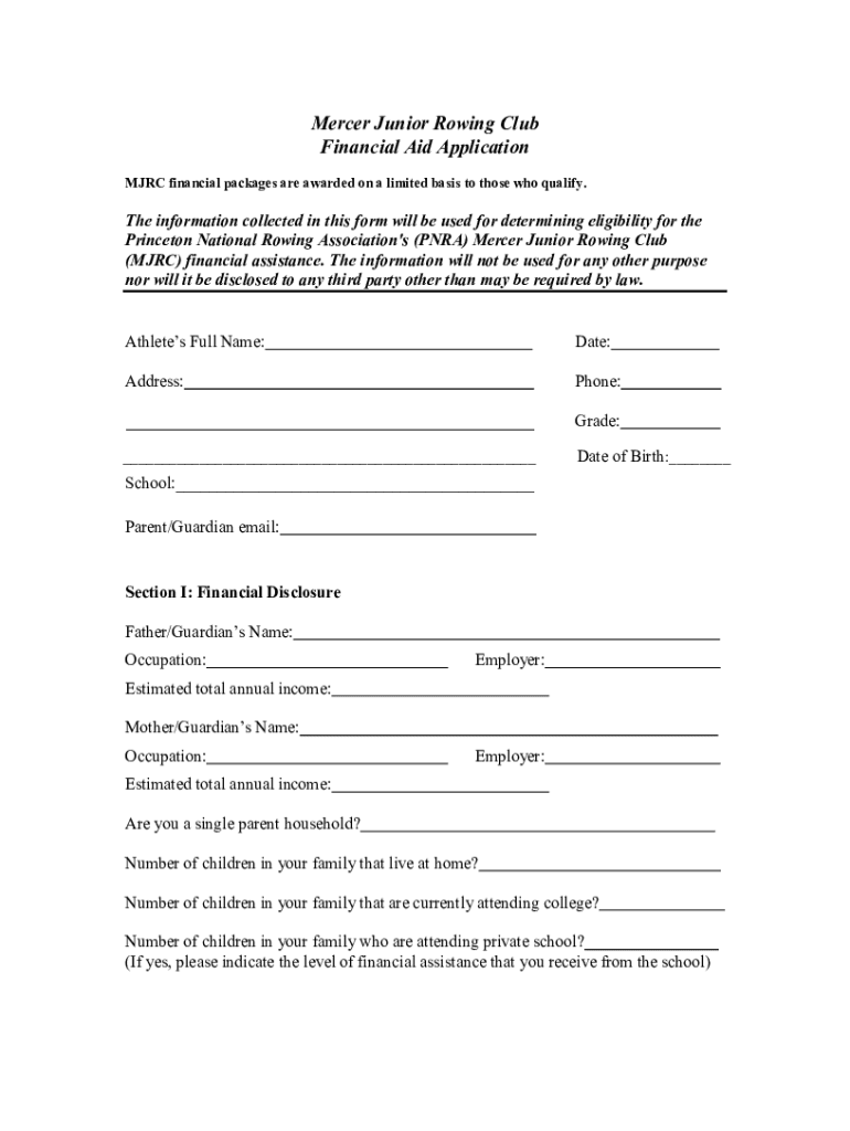 Fillable Online Mercer Junior Rowing Club Financial Aid Application Fax ...
