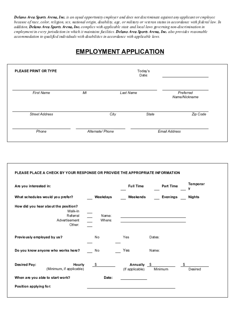 Fillable Online EMPLOYMENT APPLICATION - Delano Area Sports Arena Fax ...