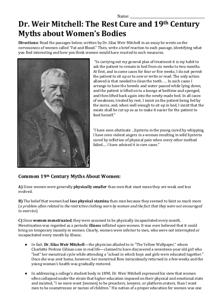 Fillable Online Dr. Weir Mitchell: The Rest Cure and 19th Century Myths ...