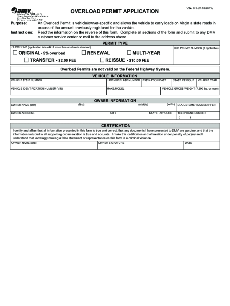 Fillable Online Overload Permits - Virginia Department of Motor ...