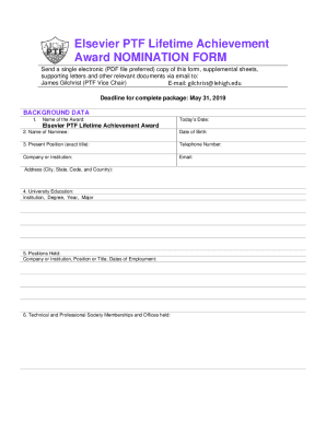 Fillable Online Elsevier PTF Lifetime Achievement Award NOMINATION FORM Fax Email Print - pdfFiller