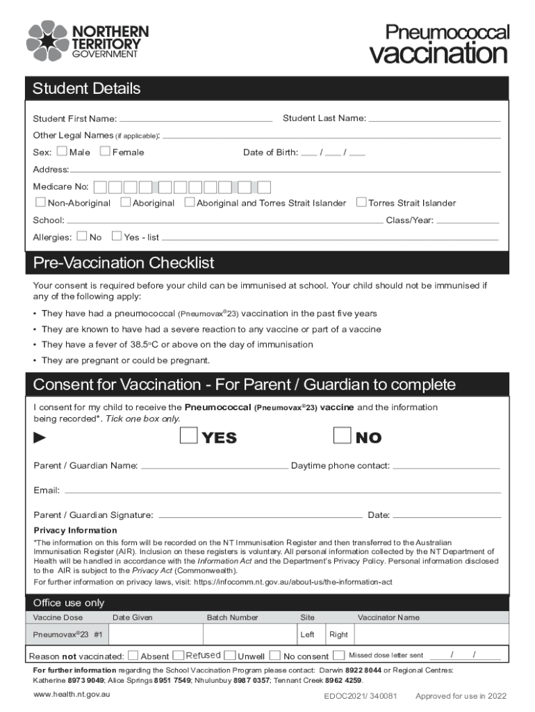 Fillable Online Pneumococcal vaccine information and consent form Fax ...