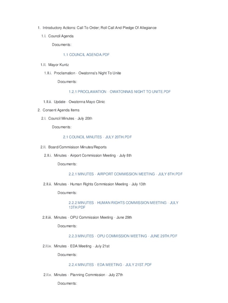 Fillable Online Introductory Actions: Call To Order; Roll Call And ...