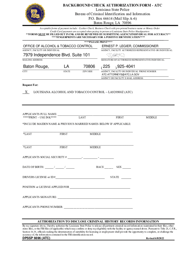 Fillable Online BACKGROUND CHECK AUTHORIZATION FORM - ATC Louisiana State Police Bureau ... Fax ...
