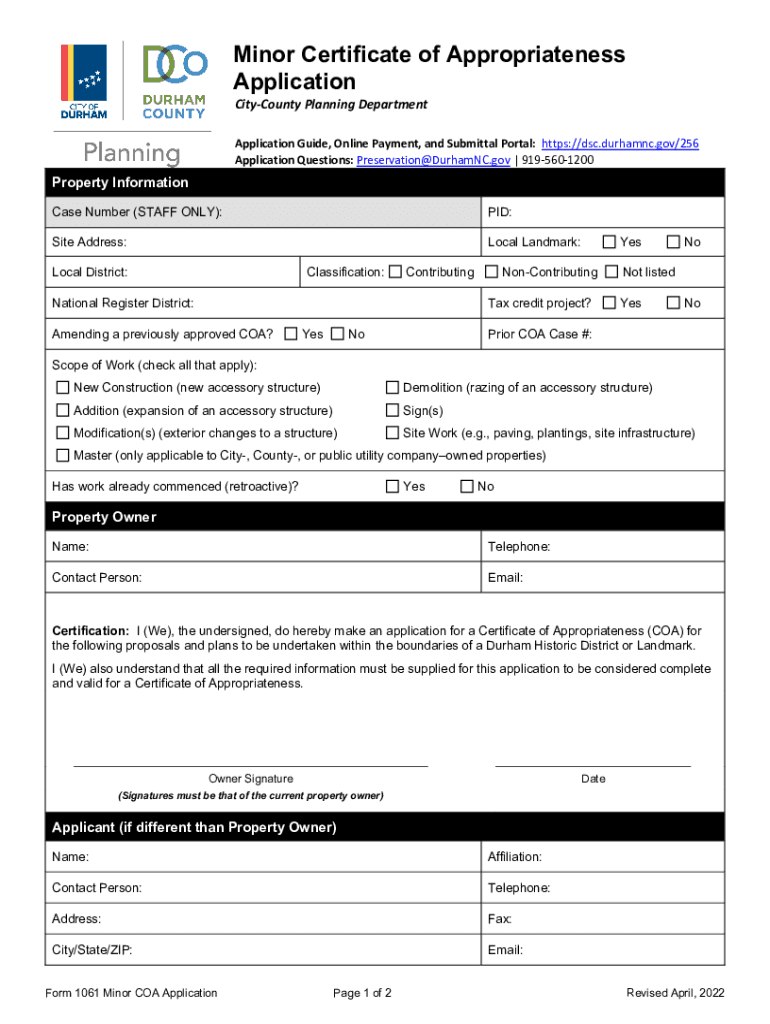 Fillable Online Minor Certificate of Appropriateness Application Durham ...