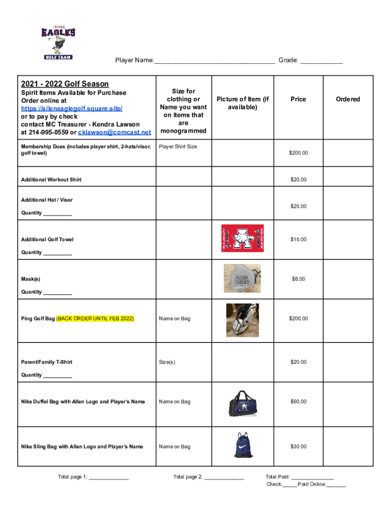 Fillable Online 2021 - 2022 Golf Season Order Form - Ngin Fax Email ...
