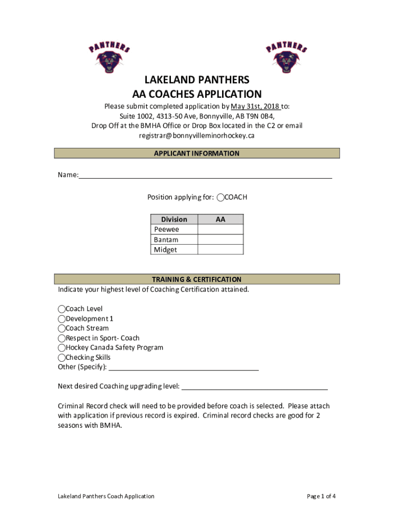 Fillable Online lakeland panthers aa coaches application - Ngin Fax Email Print - pdfFiller