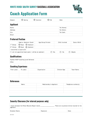 Fillable Online Coach Application Form - White Rock South Surrey ...