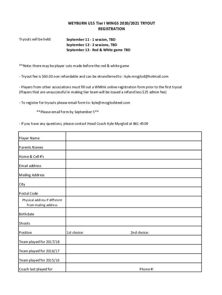 Fillable Online WMHA U15 Tier I Gold Wings Tryout RegistrationWMHA U15 ...