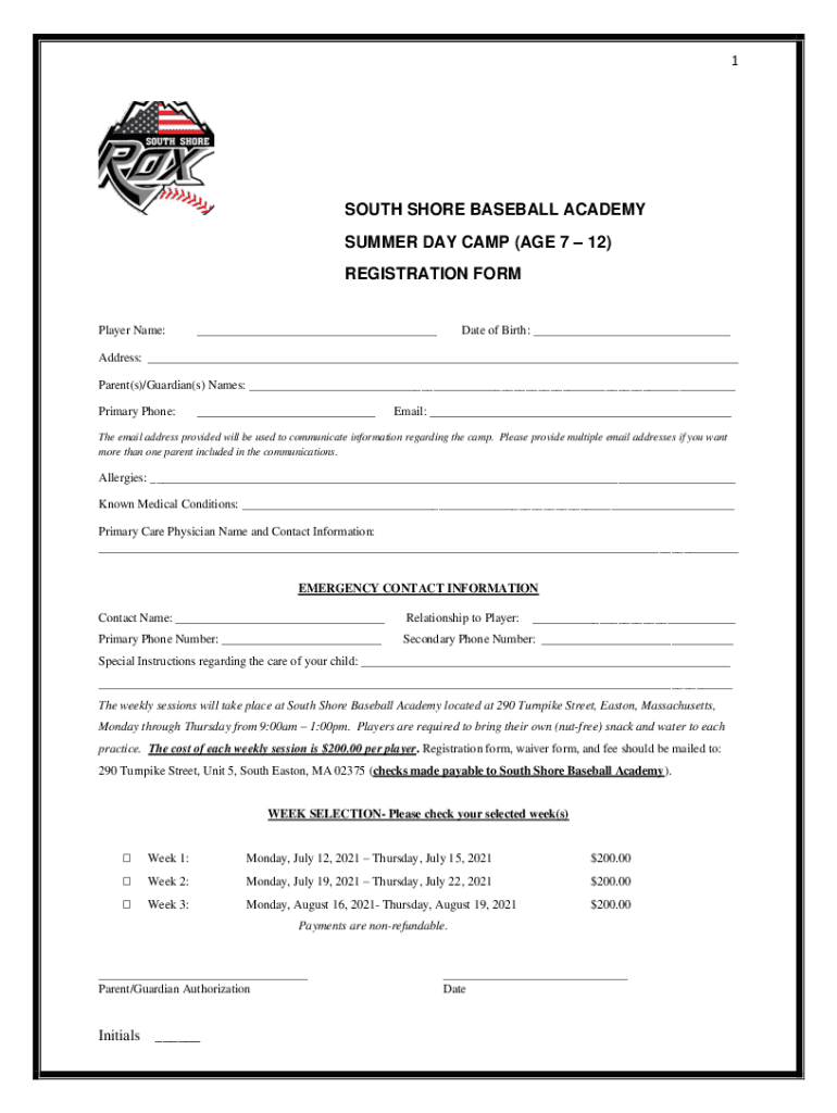 Fillable Online SOUTH SHORE BASEBALL ACADEMY SUMMER DAY CAMP (AGE 7 ...