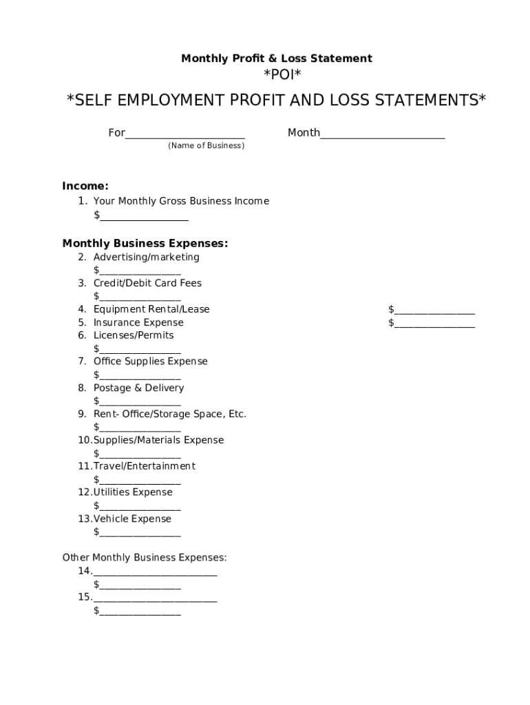 Self Employed Profit and Loss Statement Template Doc Template | pdfFiller