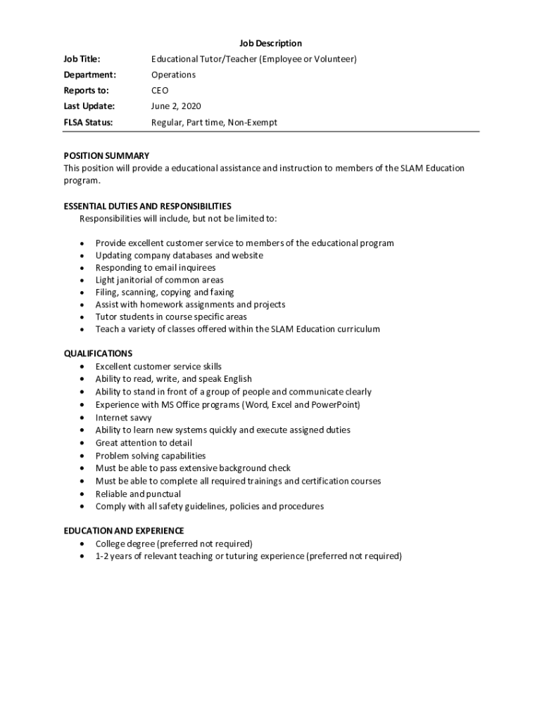 Fillable Online Tutor job description templateWorkable Fax Email Print ...