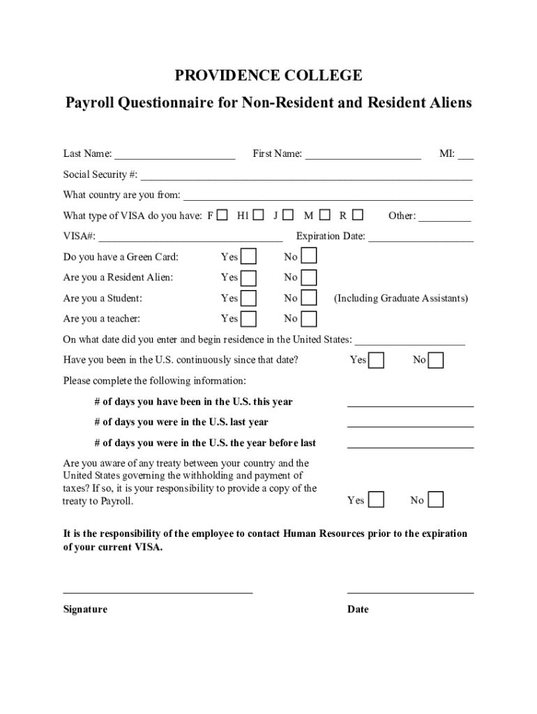 Fillable Online PROVIDENCE COLLEGE Payroll Questionnaire for Non ...