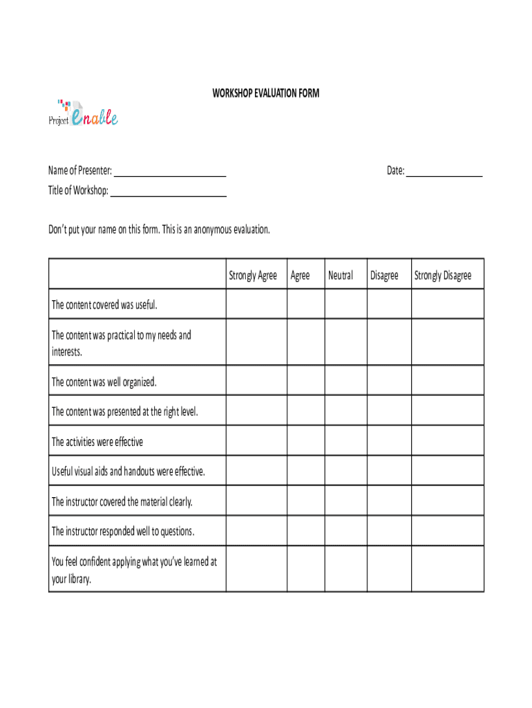 Fillable Online projectenable syr 12 Free Workshop Evaluation Forms ...