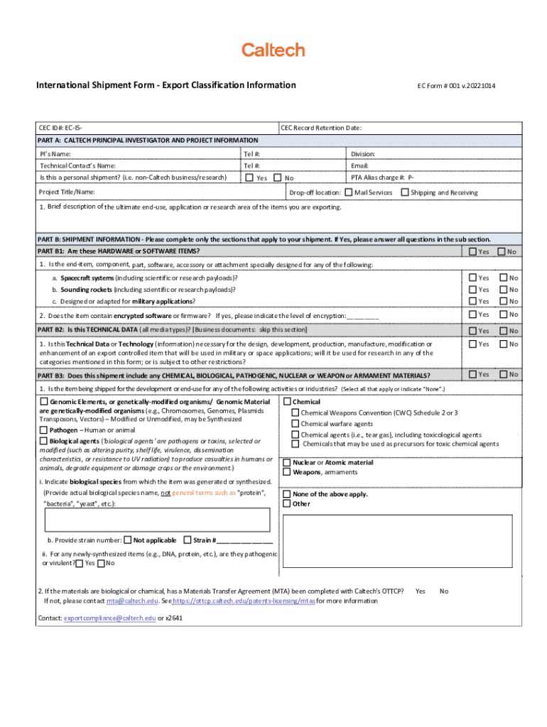 Fillable Online International Shipment Form Pro Forma Invoice - Caltech Forms: Fillable ... Fax ...