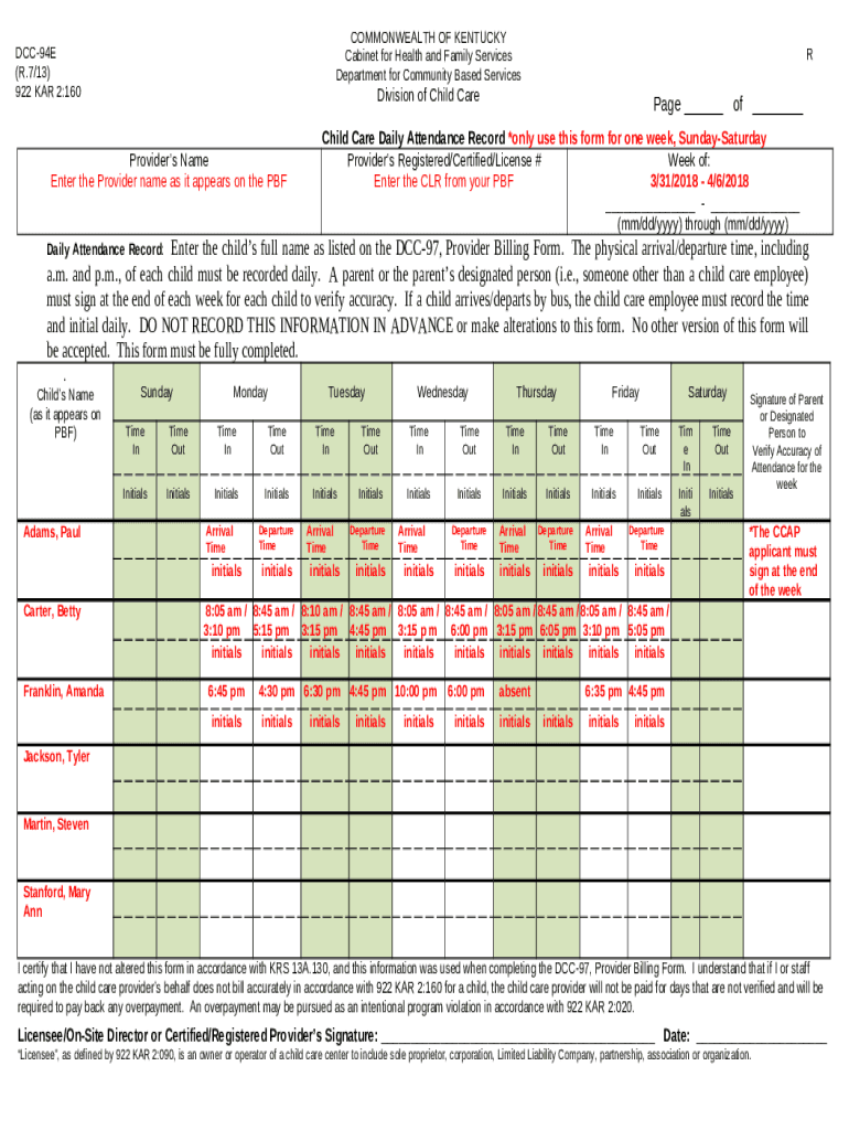 Sample Child Care Daily Attendance Record For: ... - CocoDoc Doc ...