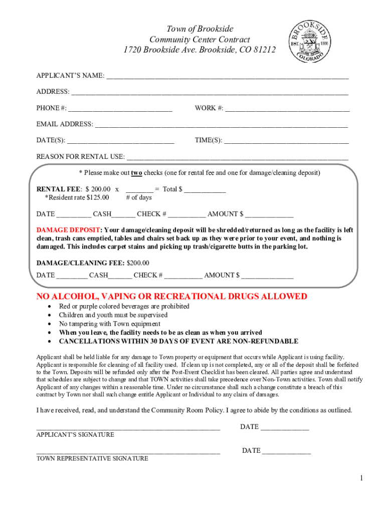 Fillable Online Town of Brookside Community Center Contract 1720 ... Fax Email Print - pdfFiller