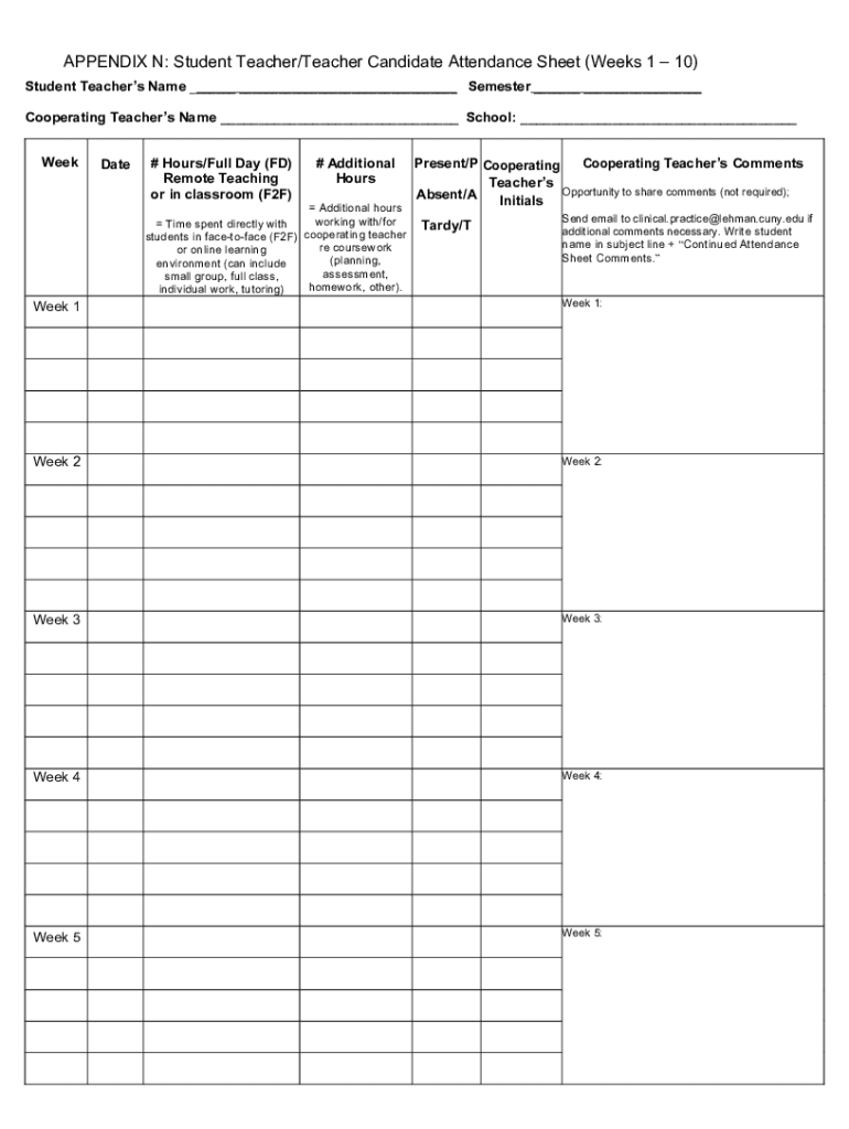 Fillable Online APPENDIX N: Student Teacher/Teacher Candidate Attendance Sheet (Weeks 1 ... Fax ...