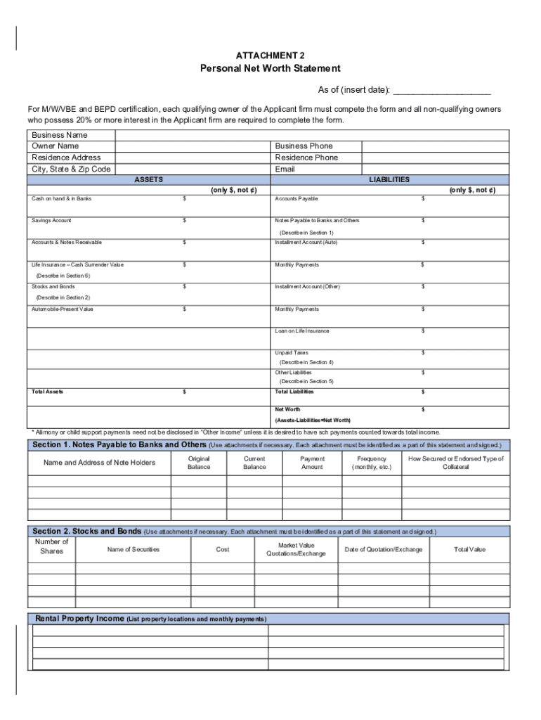 Fillable Online Personal Net Worth Statement ATTACHMENT 2 Fax Email ...
