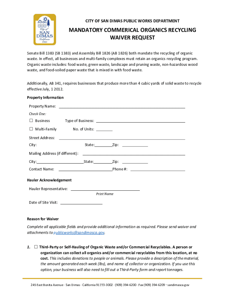 Fillable Online city of san dimas public works department - mandatory commerical ... Fax Email ...