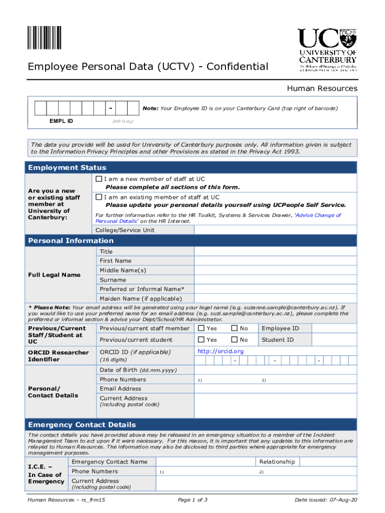 Fillable Online Employee Personal Data Form (UCTV) Fax Email Print ...