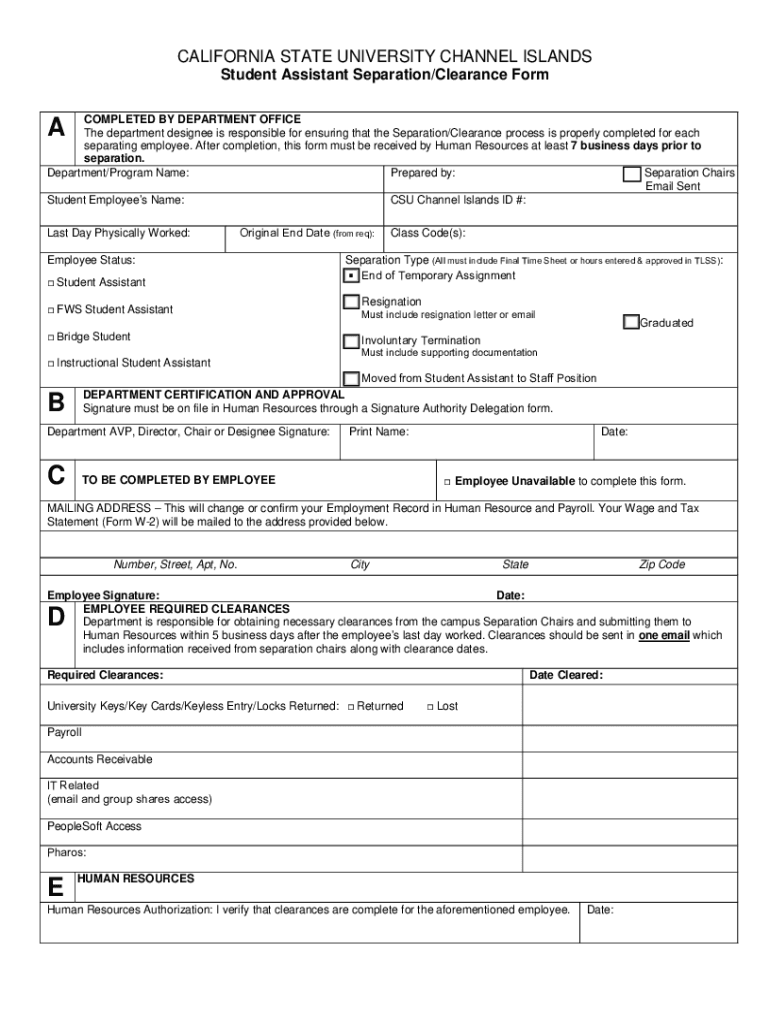Fillable Online Fillable Online Student Assistant Separation/Clearance ...