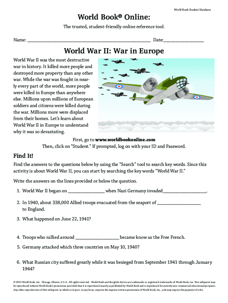 Fillable Online World Book Online: World War II: War in Europe Fax ...