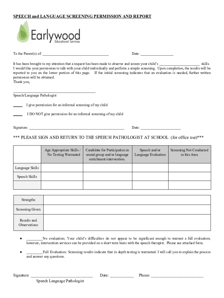 Fillable Online SPEECH and LANGUAGE SCREENING PERMISSION AND ... Fax ...
