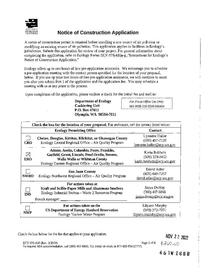 Fillable Online Notice of Construction Application - Washington Fax ...