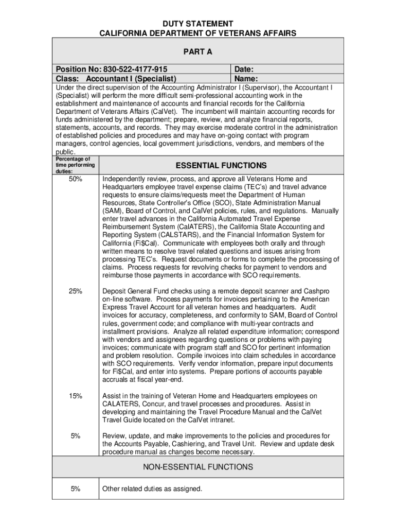 Fillable Online DUTY STATEMENT CALIFORNIA DEPARTMENT OF VETERANS ...