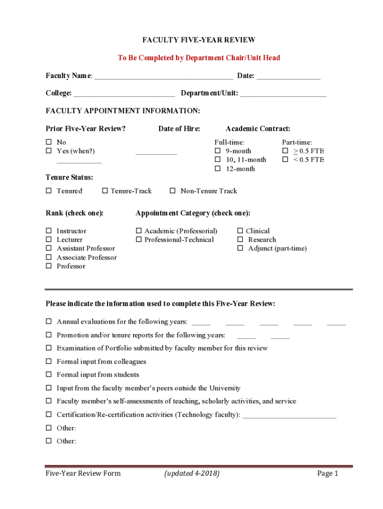 Fillable Online FACULTY FIVE-YEAR REVIEW To Be Completed by Department Chair/Unit Head ... Fax ...