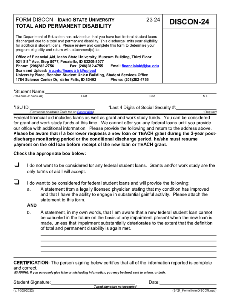 Fillable Online Total and Permanent Disability - Financial Aid Form Fax ...