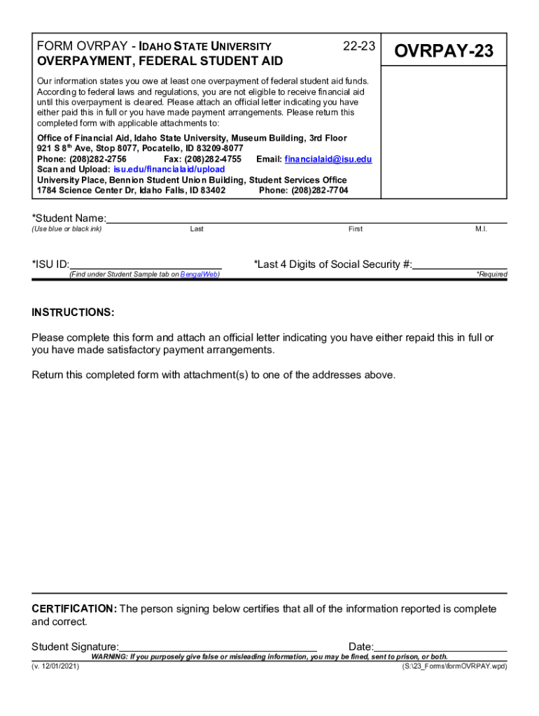 Fillable Online Overpayment, Federal Student Aid - Financial Aid Form ...