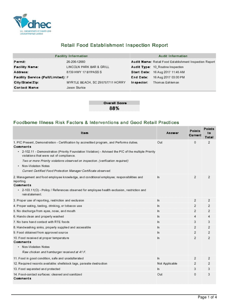Fillable Online pubdoc dhec sc Retail Food Facilities Inspection ...