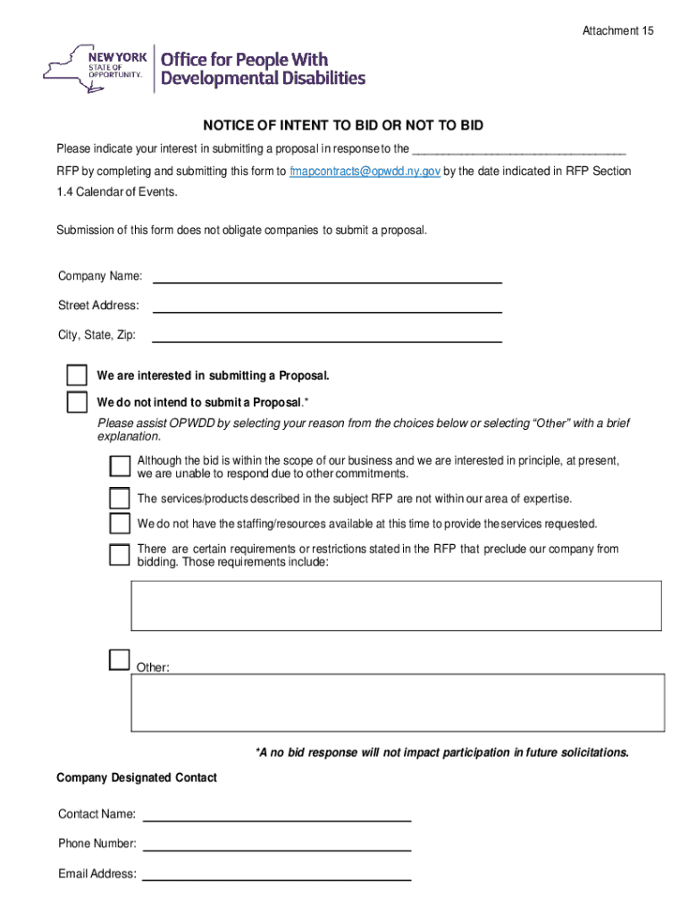 Fillable Online opwdd ny How to write a letter of intent to bid ...