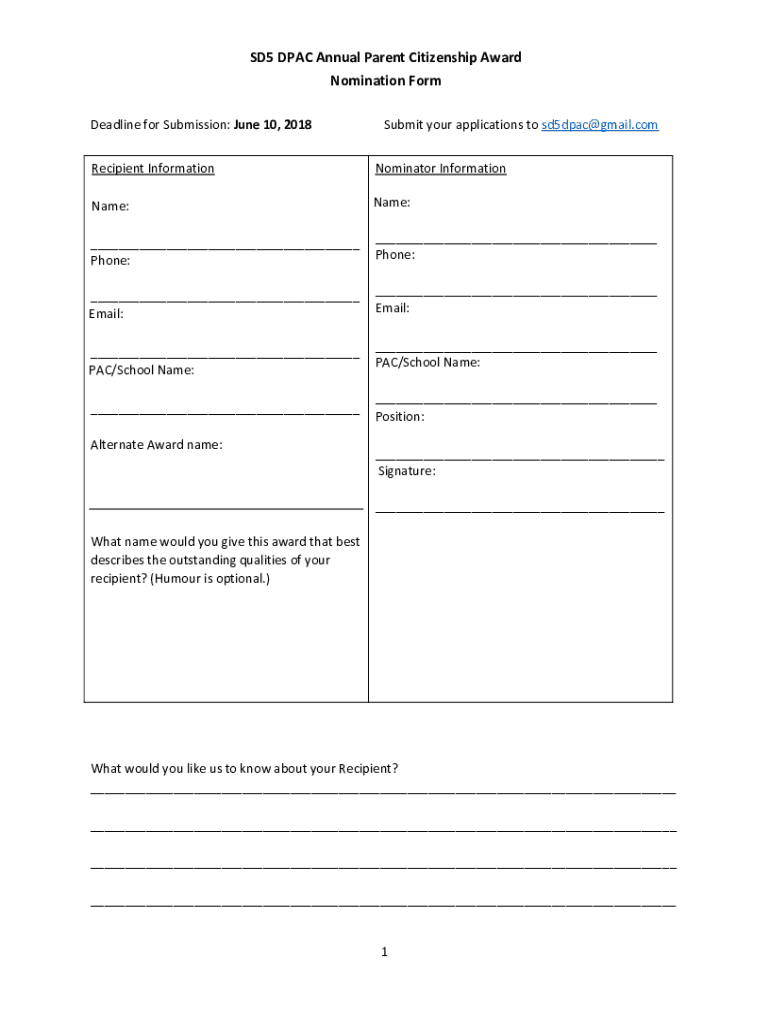 Fillable Online SD5 DPAC Annual Parent Citizenship Award Nomination Form Fax Email Print - pdfFiller