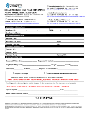 Fillable Online medicaid ms STANDARDIZED ONE PAGE PHARMACY PRIOR ...